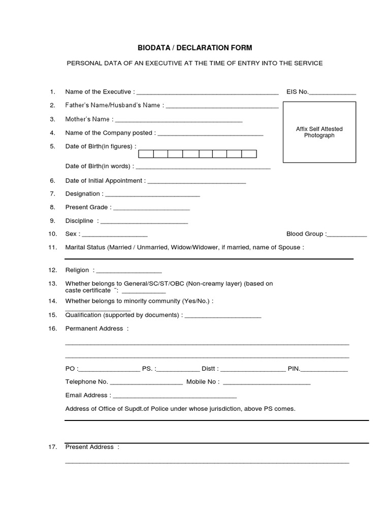 Biodata / Declaration Form: Affix Self Attested Photograph | Government ...