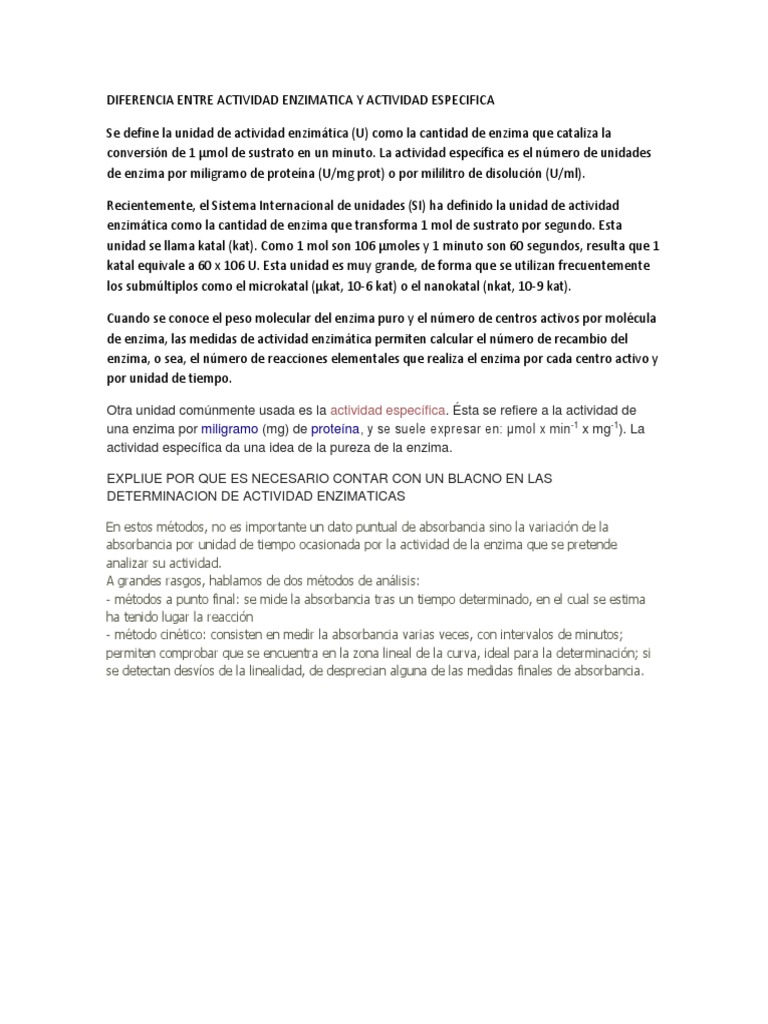 Actividad Enzimática y Específica Definidas | PDF | Ciencia y matemáticas