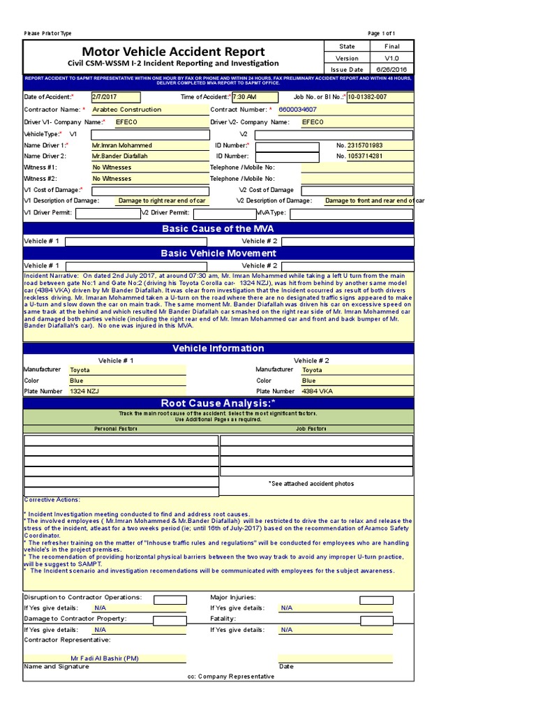 Motor Vehicle Accident Report | Traffic Collision | Vehicles