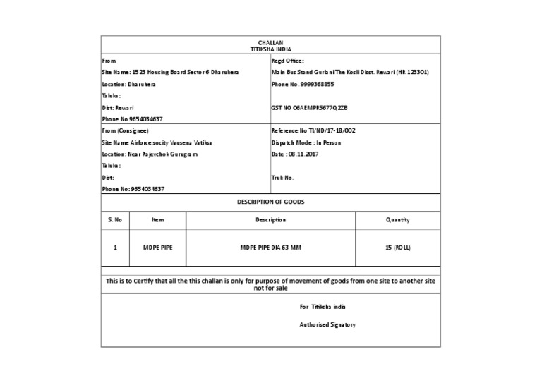 Goods Movement Challan for MDPE Pipe | PDF