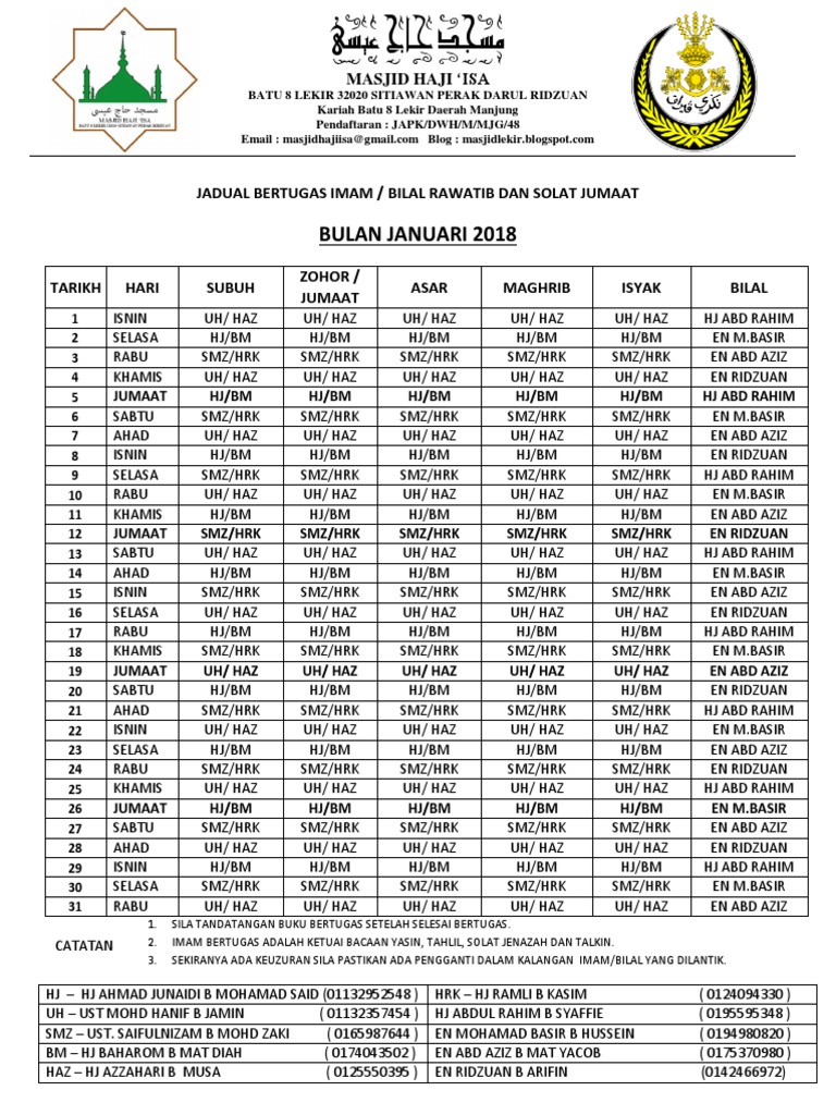 Jadual Bertugas Imam 2018 | PDF