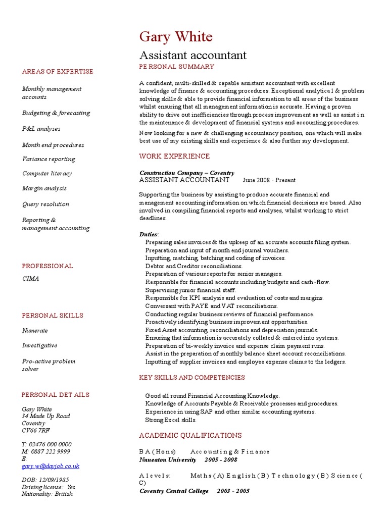 Assistant Accountant CV Template | PDF | Management Accounting | Accounting