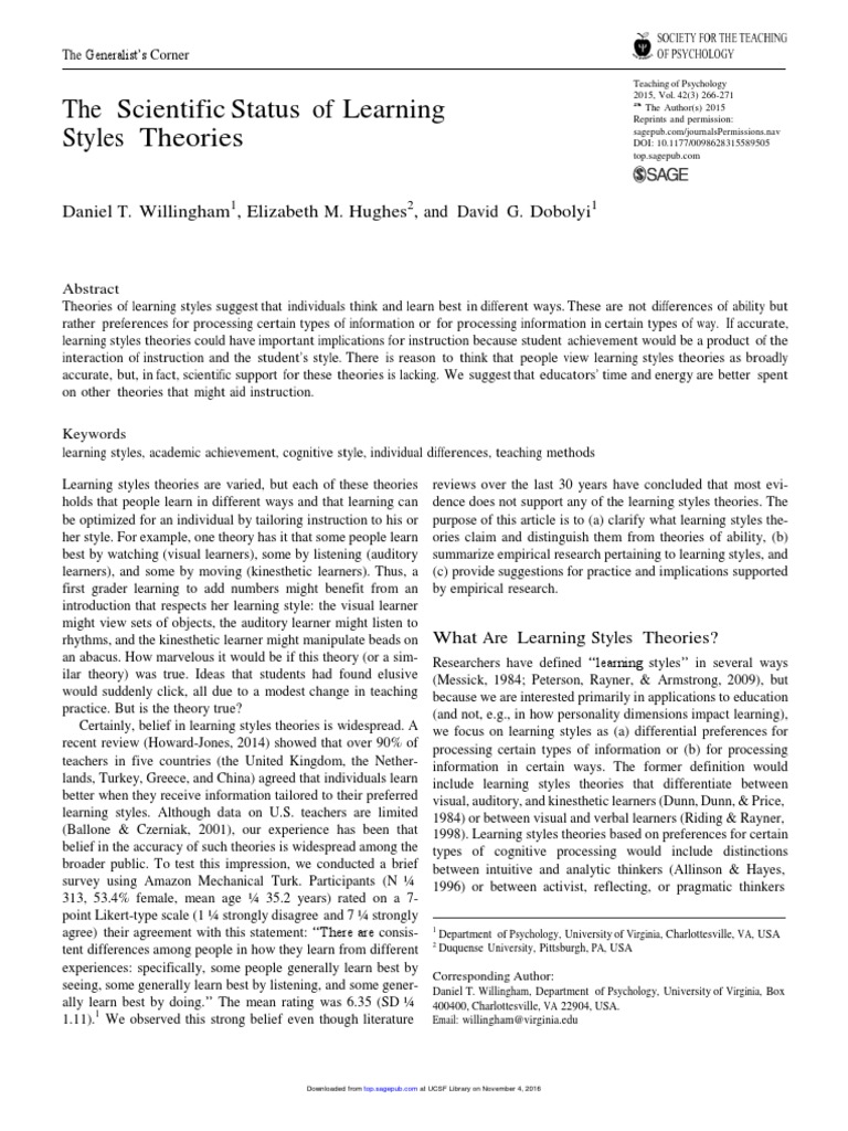The Scientific Status of Learning Styles Theories | PDF | Learning ...