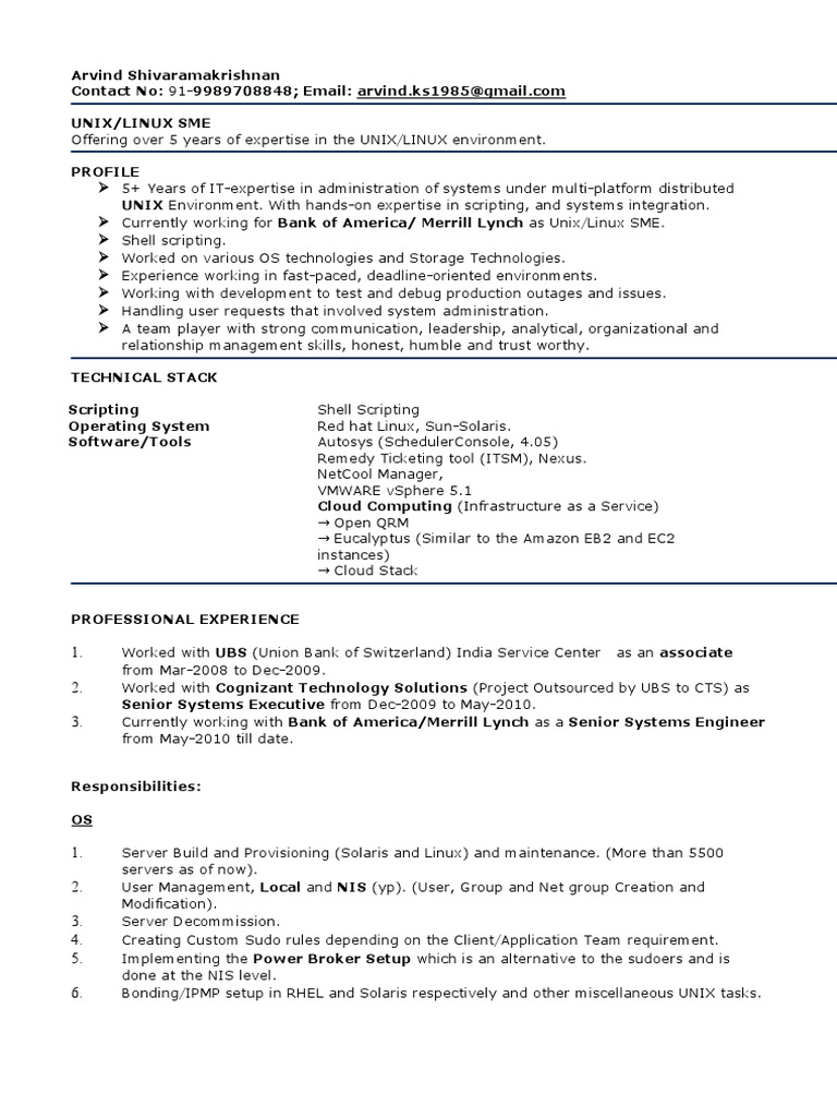 Arvind Shivaramakrishnan's Resume: A Technical Profile of a Senior UNIX ...