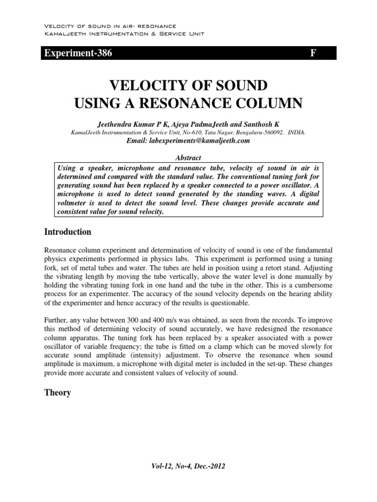 Velocity of Sound Using A Resonance Column: Experiment-386 F | PDF ...