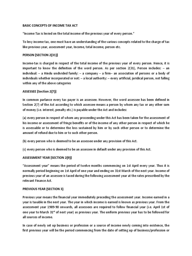 Basic Concepts of Income Tax Act | PDF | Income Tax In India | Employee ...