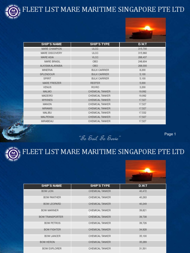 Fleet List Mare Maritime Singapore Pte LTD: Ship'S Name Ship'S Type D.W ...