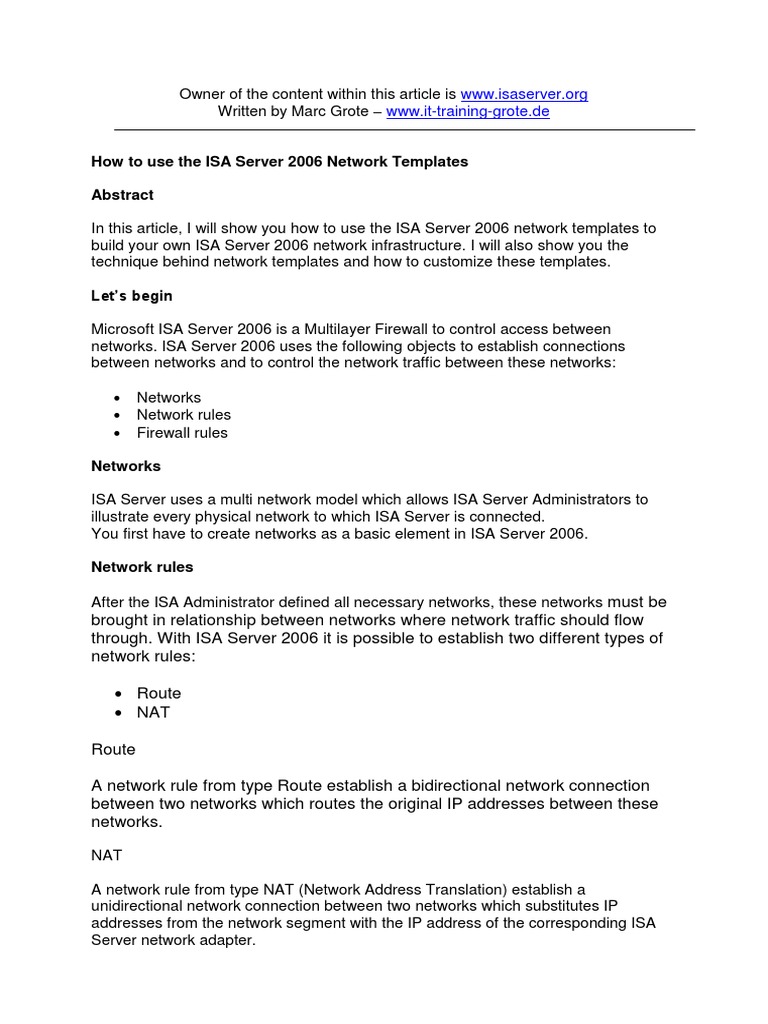 How To Use The ISA Server 2006 Network Templates: WWW - It-Training ...