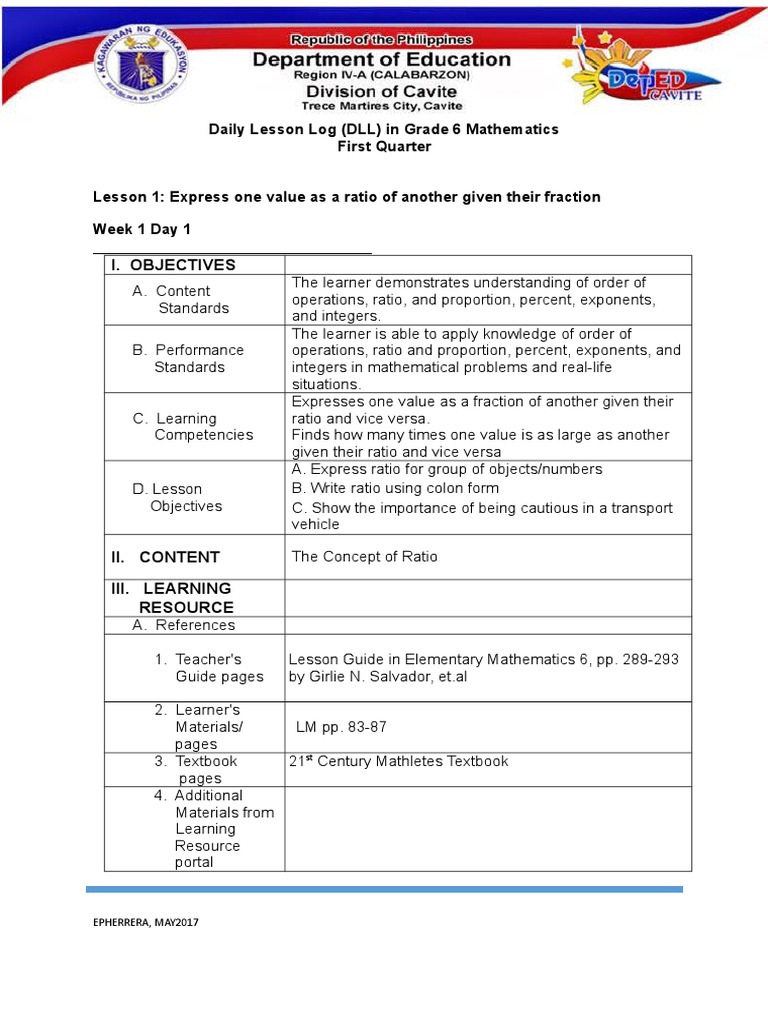 I. Objectives: Daily Lesson Log (DLL) in Grade 6 Mathematics First ...