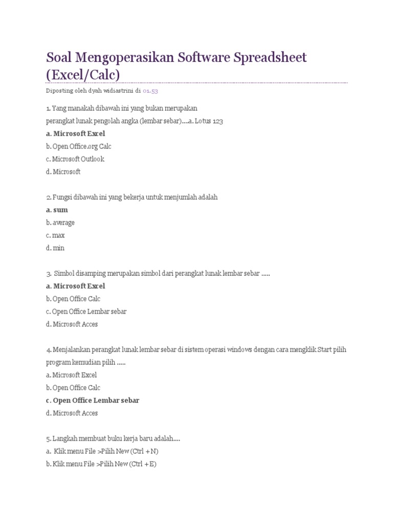 Soal Mengoperasikan Software Spreadsheet (Excel) | PDF