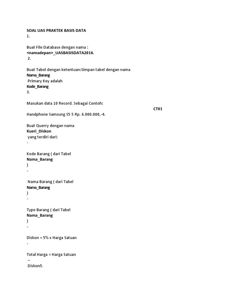 SOAL UAS PRAKTEK BASIS DATA - Access | PDF