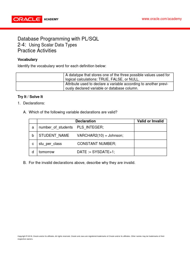 Database Programming With Pl Sql 2 4 Practice Activities Using Scalar Data Types Pdf