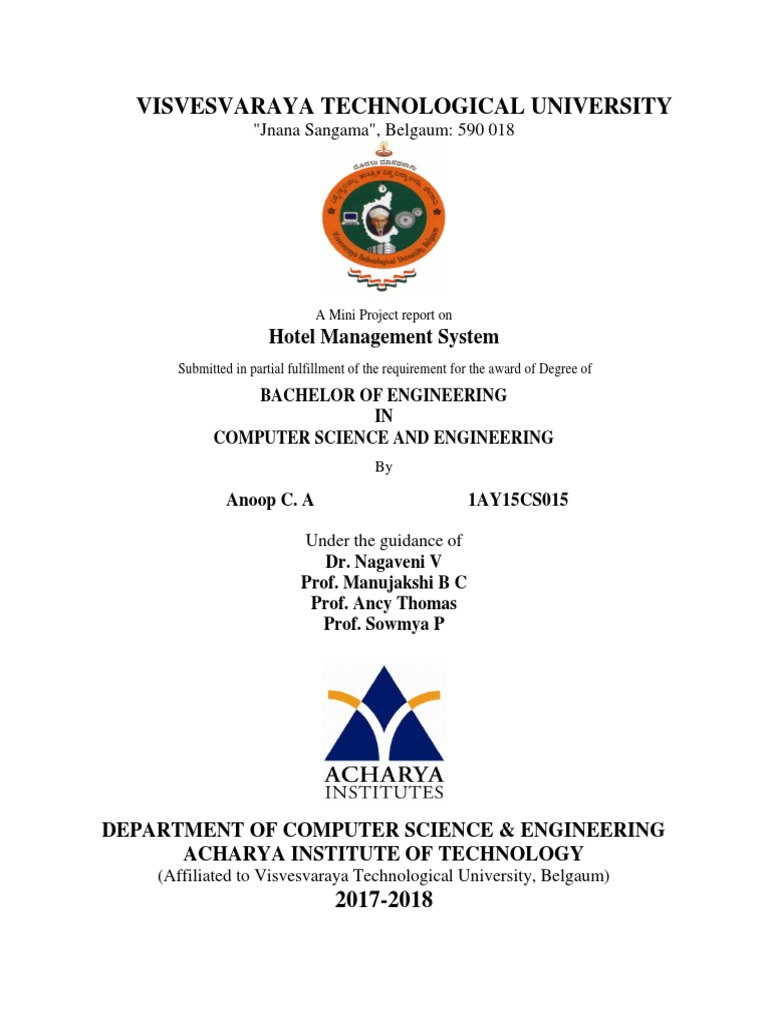 Visvesvaraya Technological University: Hotel Management System | PDF | Databases | Computer ...