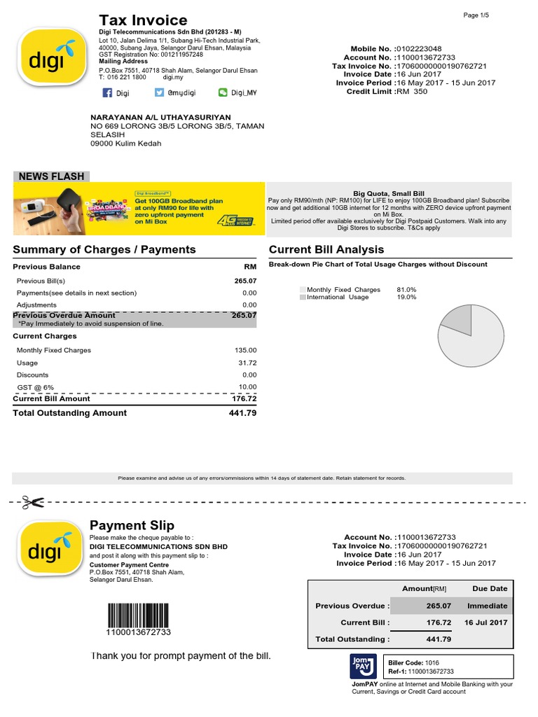 Payment Slip: Summary of Charges / Payments Current Bill Analysis | PDF ...