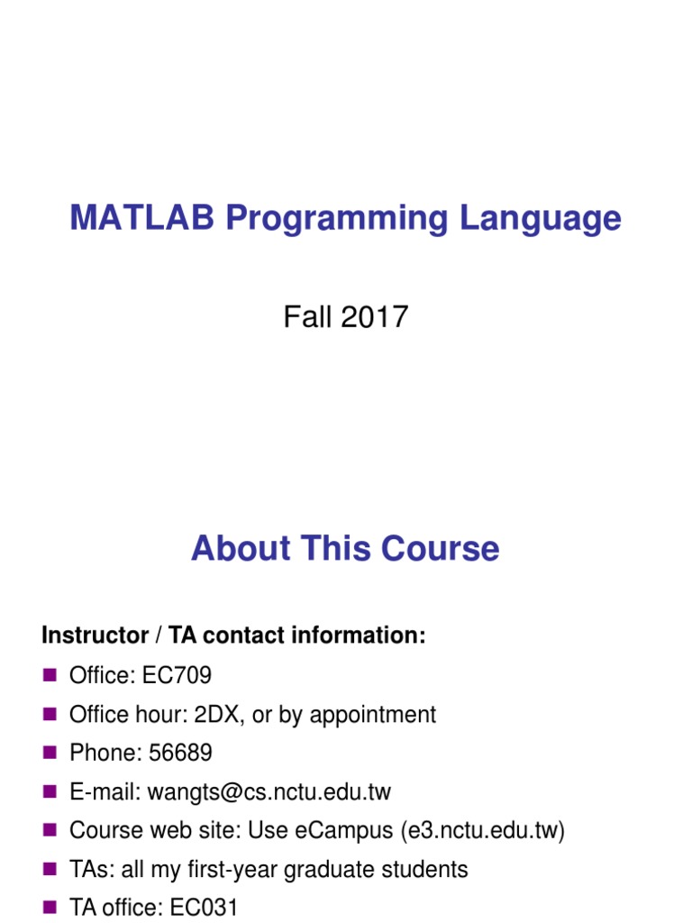 MATLAB Programming Language: Fall 2017 | PDF | Matlab | Computing