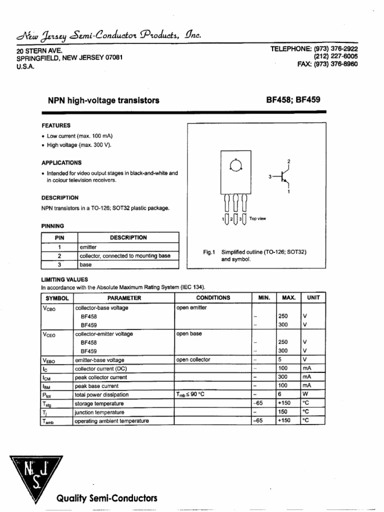 BF458/BF459 High-Voltage Transistors | PDF | Bipolar Junction ...