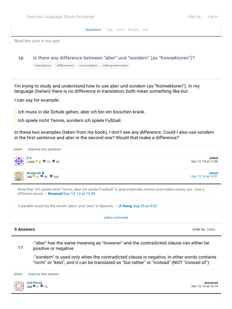 German Connectors: Aber vs. Sondern | PDF | Languages | Language Arts ...