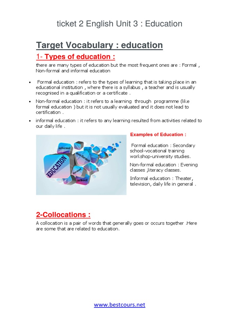 Target Vocabulary: Education: Ticket 2 English Unit 3: Education | PDF ...
