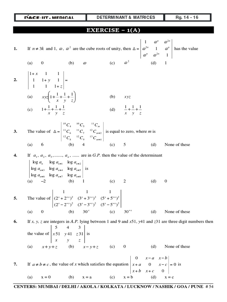 Determinants & Matrices - Ex.1 (A) | PDF | Matrix (Mathematics ...