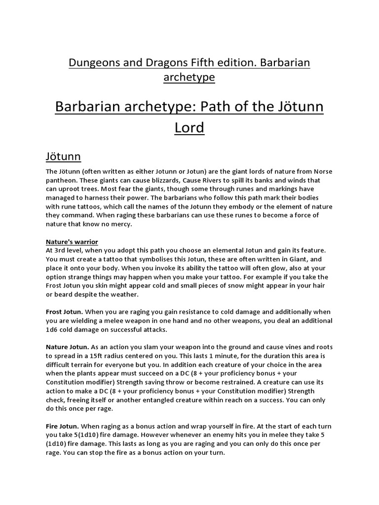 Barbarian Archetype Path of The Jotunn Lord | Download Free PDF | Role ...