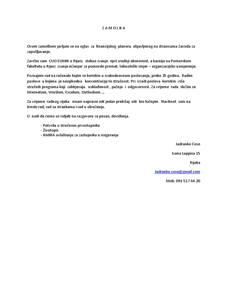 Zamolba Za Zaposlenje OVB PDF | PDF