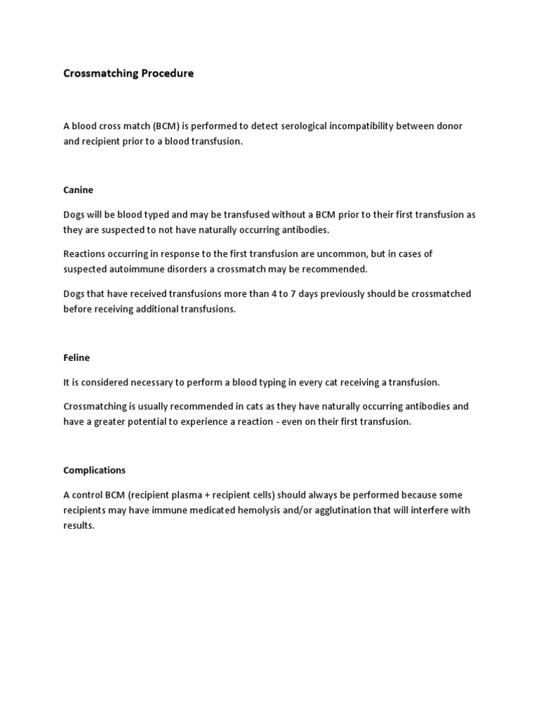 Crossmatching Procedure | PDF | Blood Transfusion | Blood Donation