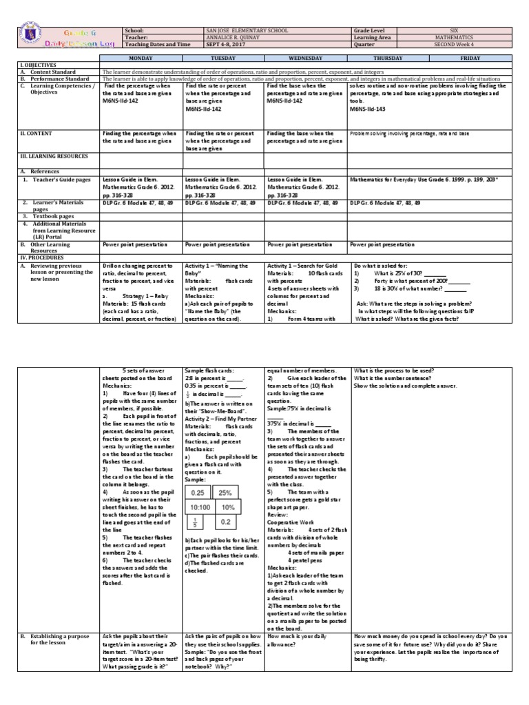 DLL Math 6 Q2 Week 4-1 | PDF | Percentage | Ratio