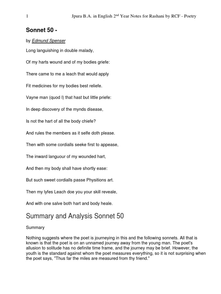Sonnet 50 - : Summary and Analysis Sonnet 50 | PDF