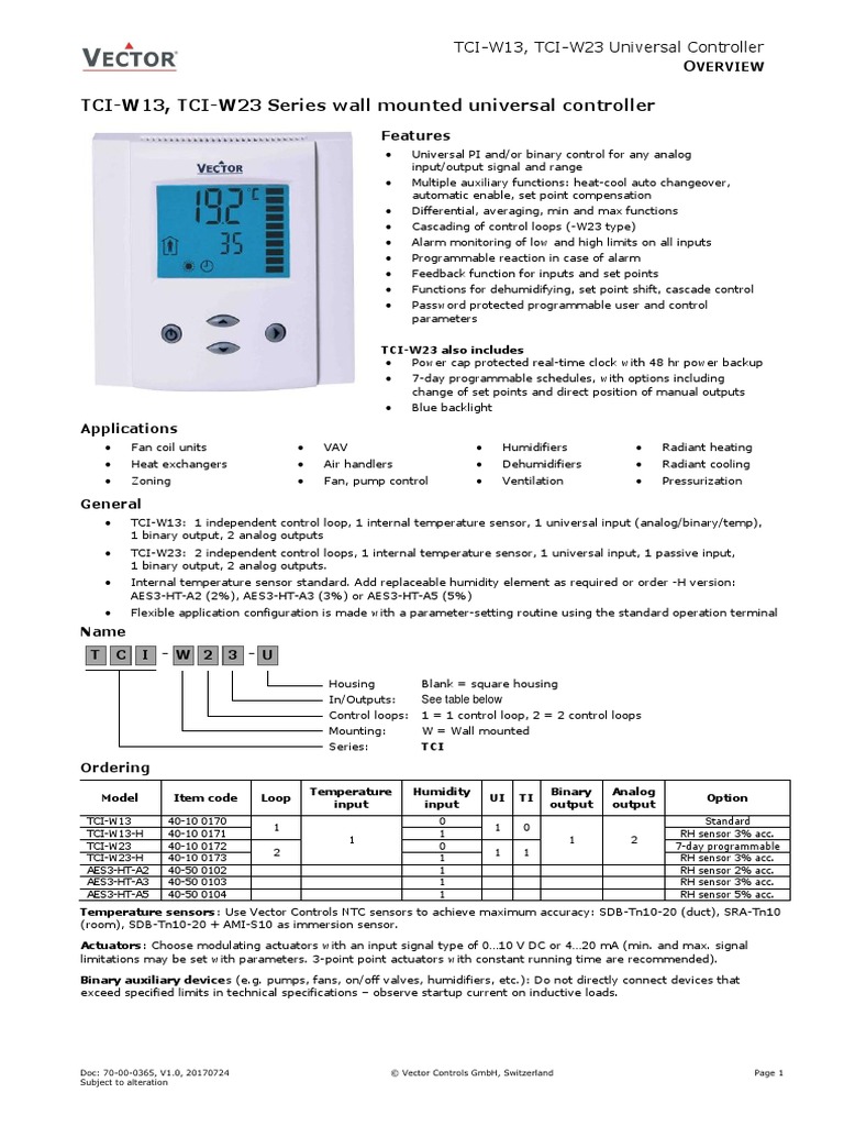 TCI-W13, TCI-W23 Series Wall Mounted Universal Controller: Features | PDF | Parameter (Computer ...