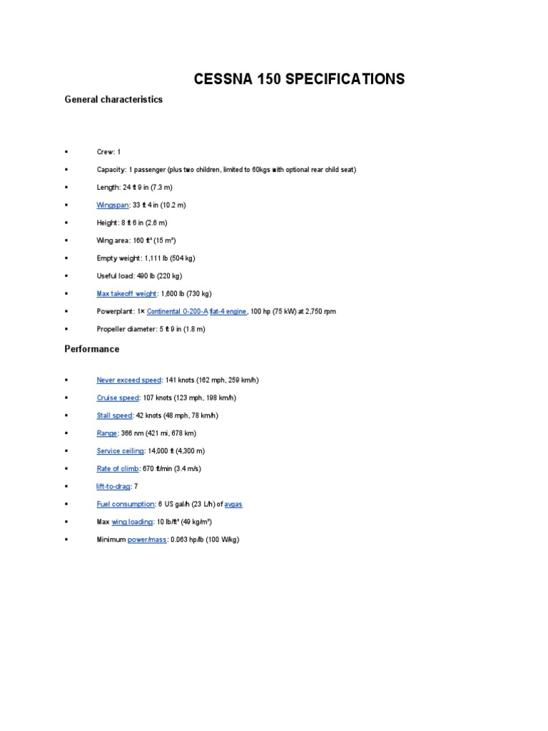 Cessna 150 Specifications Overview | PDF