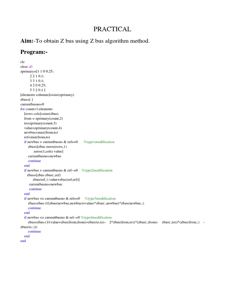 Practical: Aim:-To Obtain Z Bus Using Z Bus Algorithm Method. Program | PDF