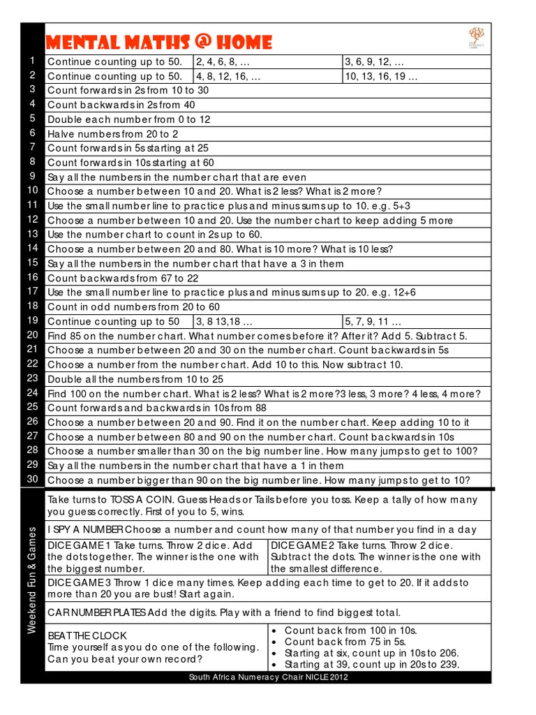 Mental Maths at Home Handout | PDF | Gaming | Leisure