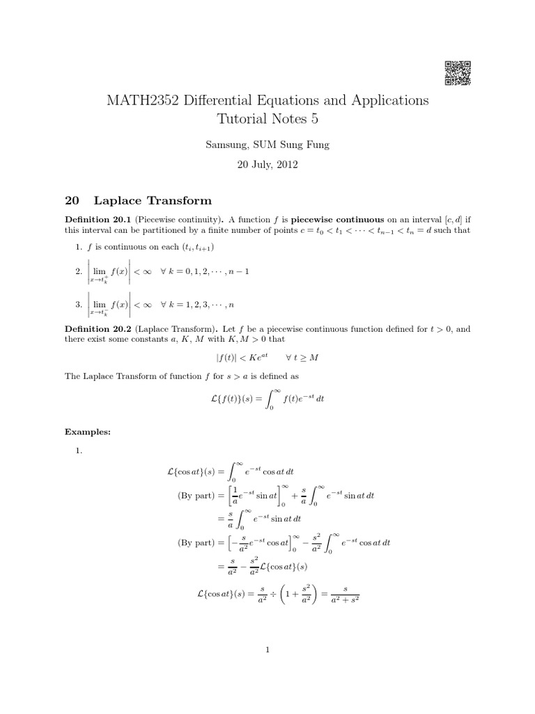 MATH2352 Differential Equations and Applications Tutorial Notes 5 | PDF ...
