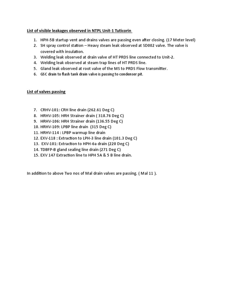 List of Visible Leakages Observed in NTPL Unit | PDF