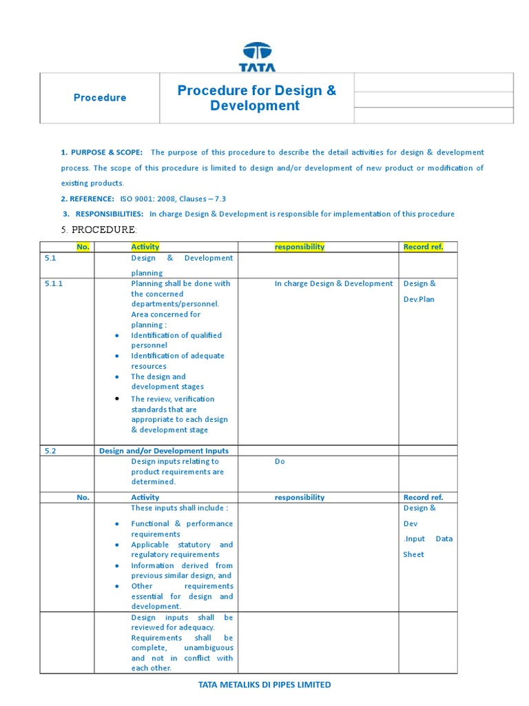 03) Procedure For Design & Development | PDF | Verification And ...