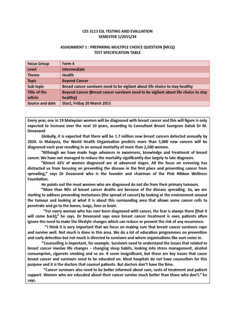 Test Specification Table MCQ | Download Free PDF | Breast Cancer ...