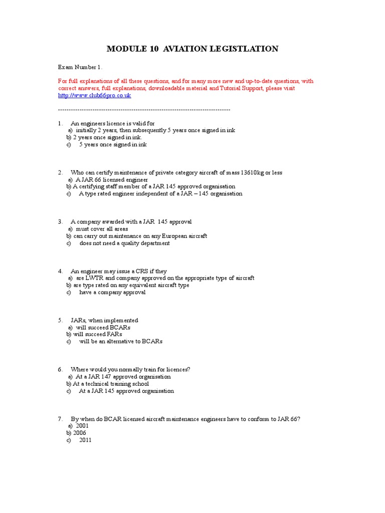 Aviation Legislation Module 10 Exam Questions | PDF | Federal Aviation ...