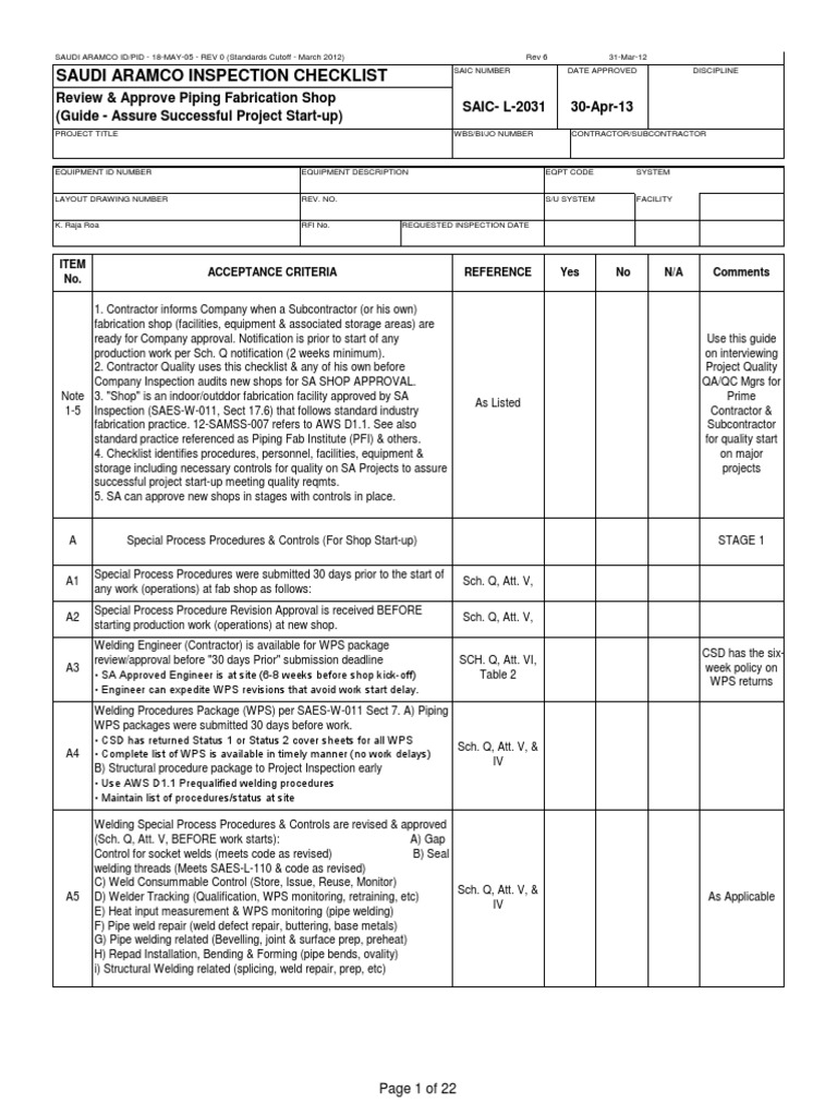Saudi Aramco Inspection Checklist