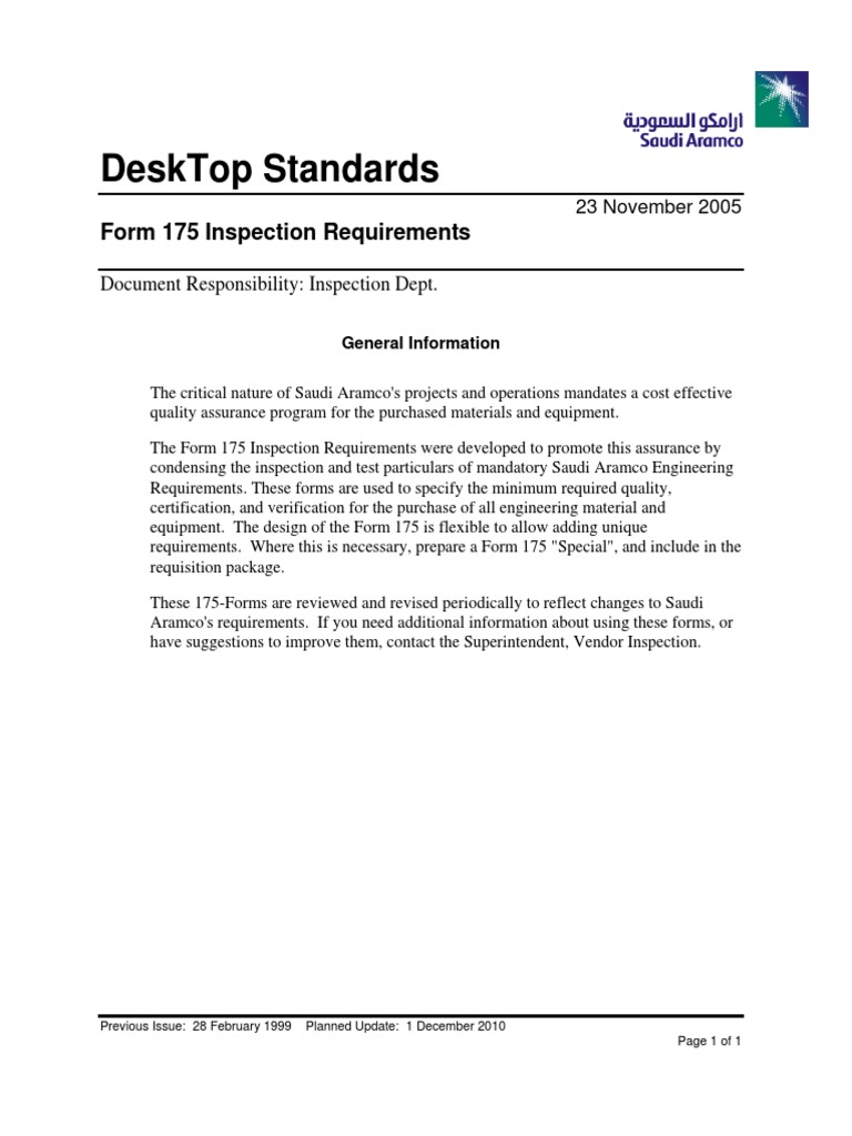Desktop Standards: Form 175 Inspection Requirements | PDF