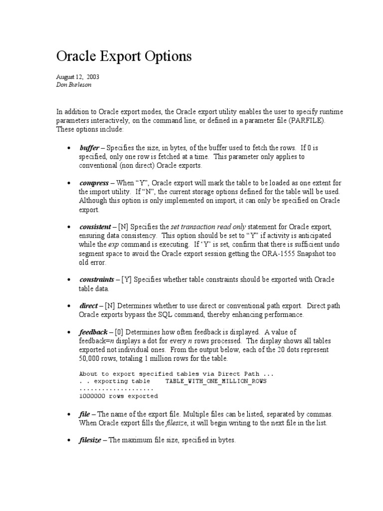 Oracle Export Utility Options Guide | PDF | Table (Database) | Oracle ...