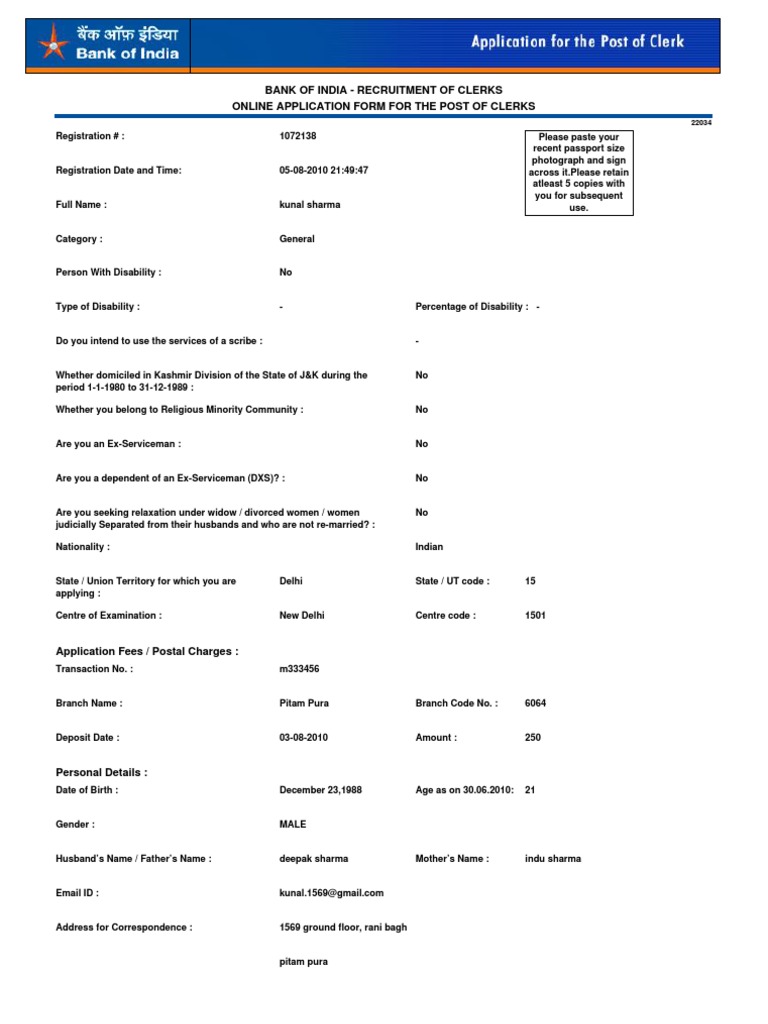 Bank of India - Recruitment of Clerks Online Application Form For The ...