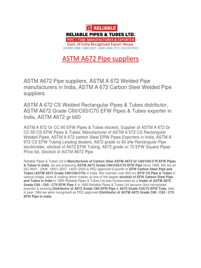 ASTM A672 Pipe Suppliers India | PDF