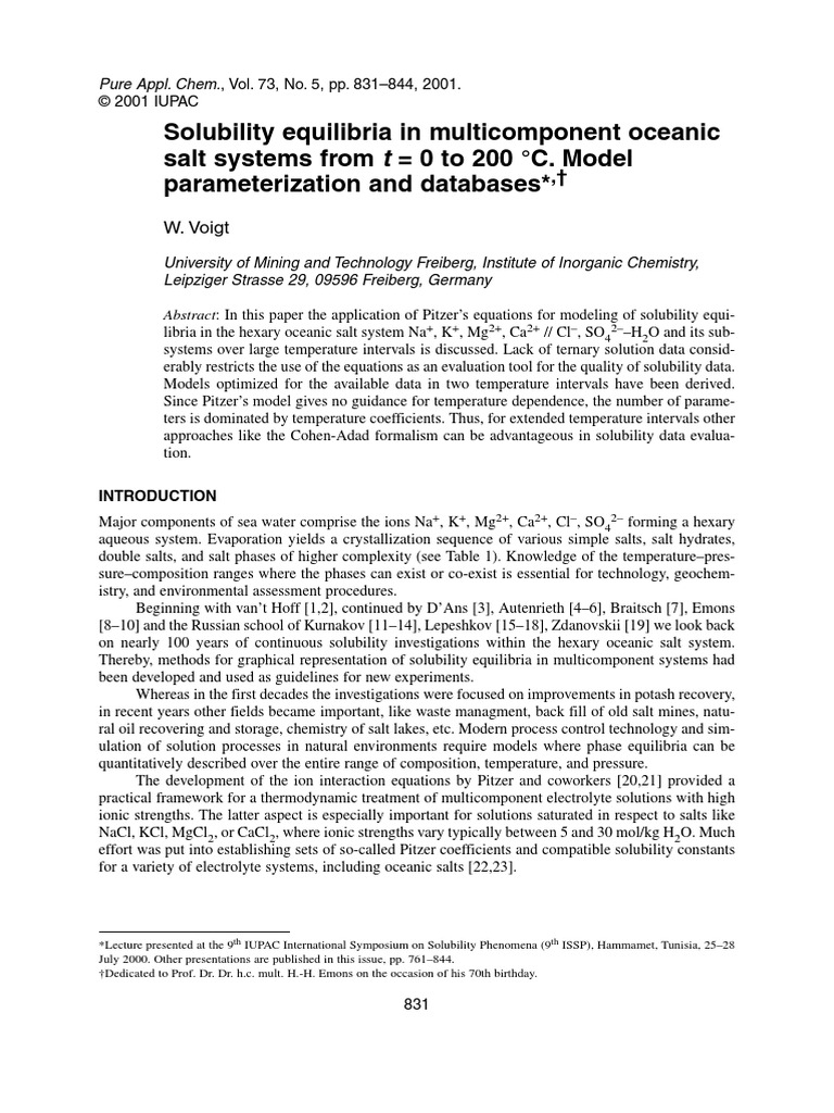 Solubility Equilibria in Multicomponent Oceanic Salt Systems From T 0 To 200 °C. Model ...