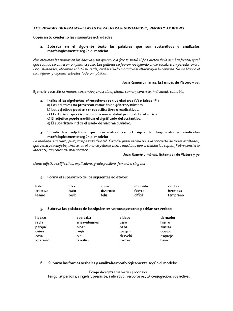 Actividades de repaso: Clases de palabras | PDF | Adjetivo | Sustantivo