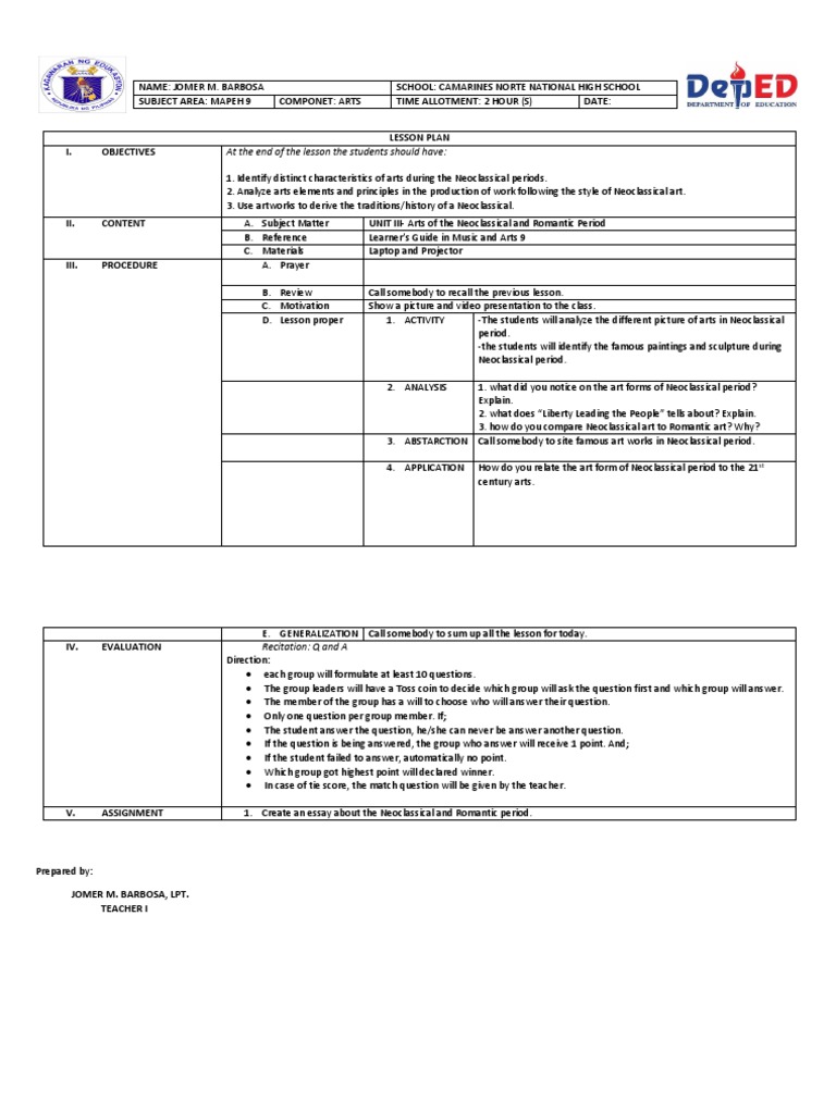 Arts of the Neo-Classical and Romantic Period Q3 | Lesson Plan | Pedagogy