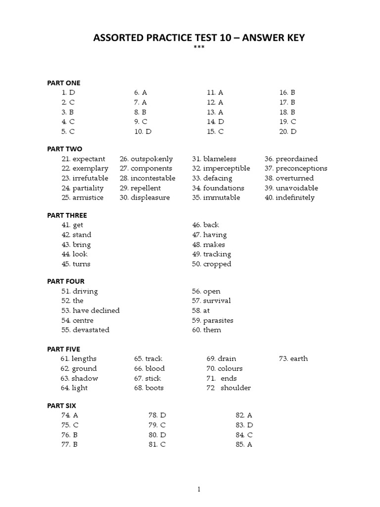 Assorted Practice Test 10 - Answer Key: Part One | PDF