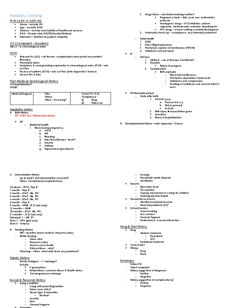 Paediatric Clerking Sheet | Clinical Medicine | Diseases And Disorders