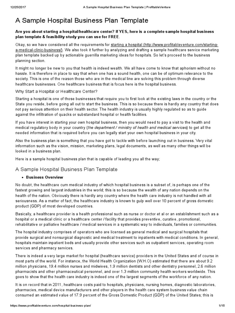 A Sample Hospital Business Plan Template - ProfitableVenture | PDF ...