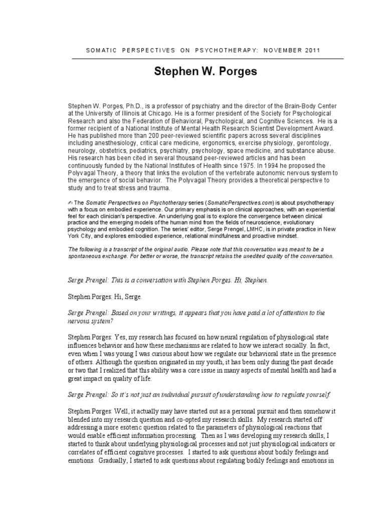 Stephen W. Porges | PDF | Autonomic Nervous System | Vagus Nerve