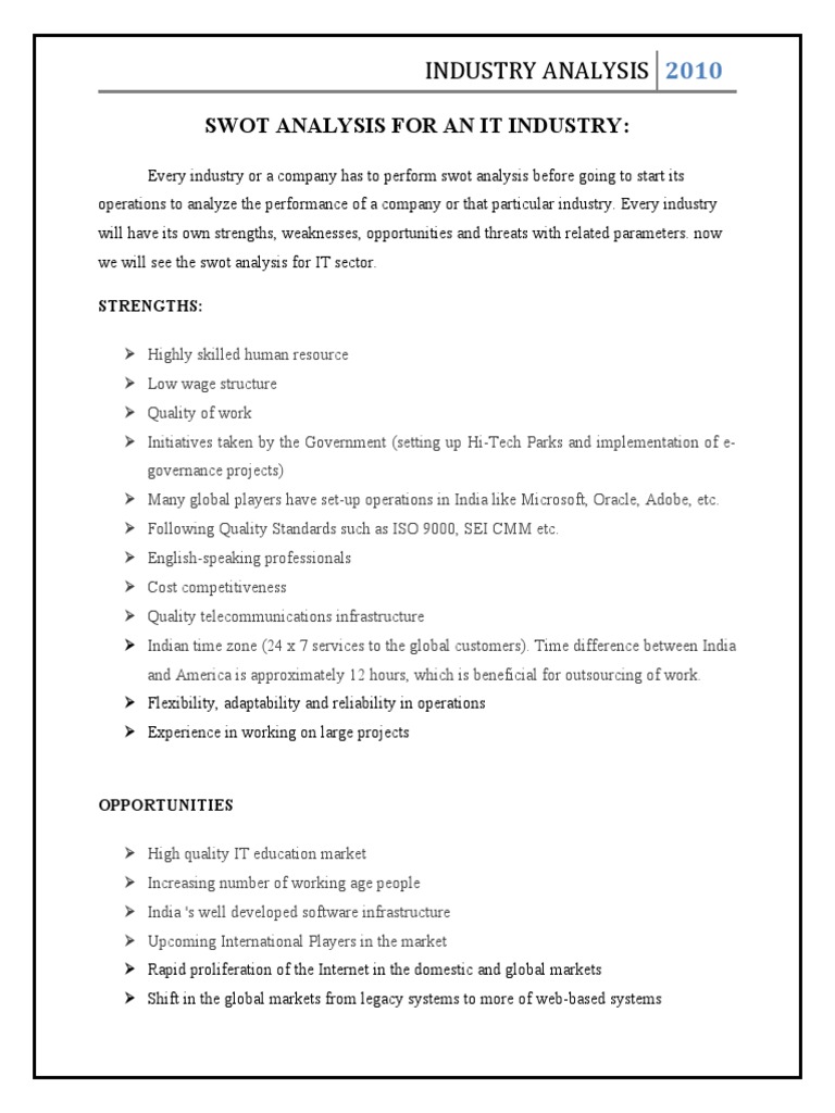 SWOT Analysis of the IT Industry 2010 | PDF | Economies | Strategic ...